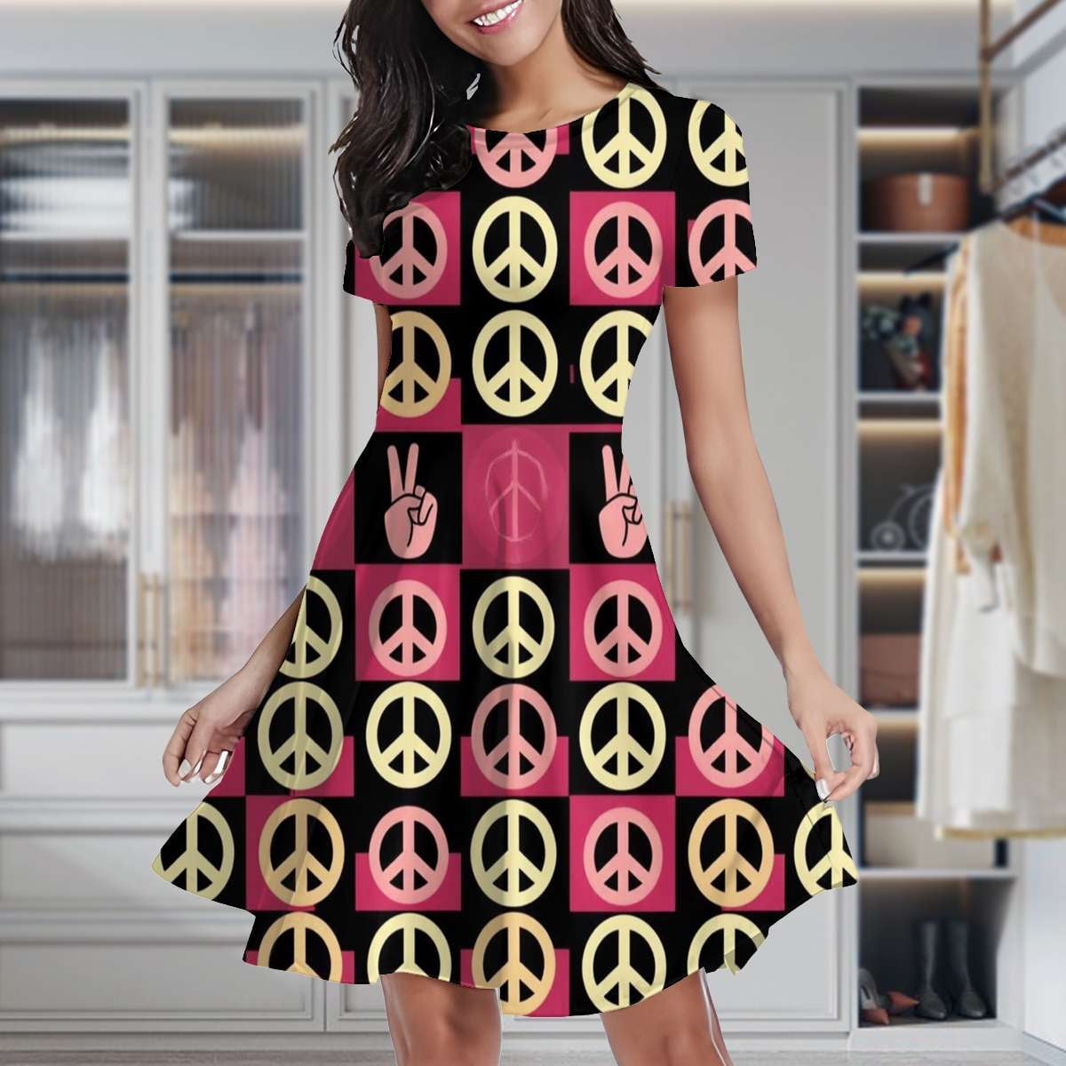 Peace Sign Pattern Pink Black Women's Classic Swing Skater Dress Casual ...