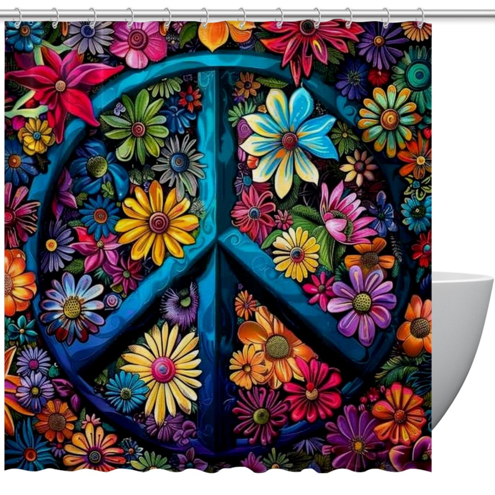 Peace Sign Printed Waterproof Shower Curtain Set with Hooks for ...