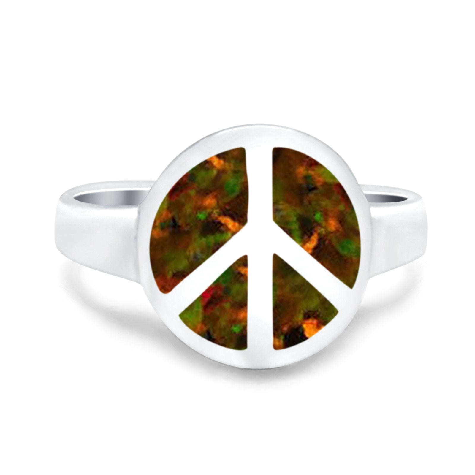 Peace Sign Ring Inlay Round Lab Created Black Opal 925 Sterling Silver ...