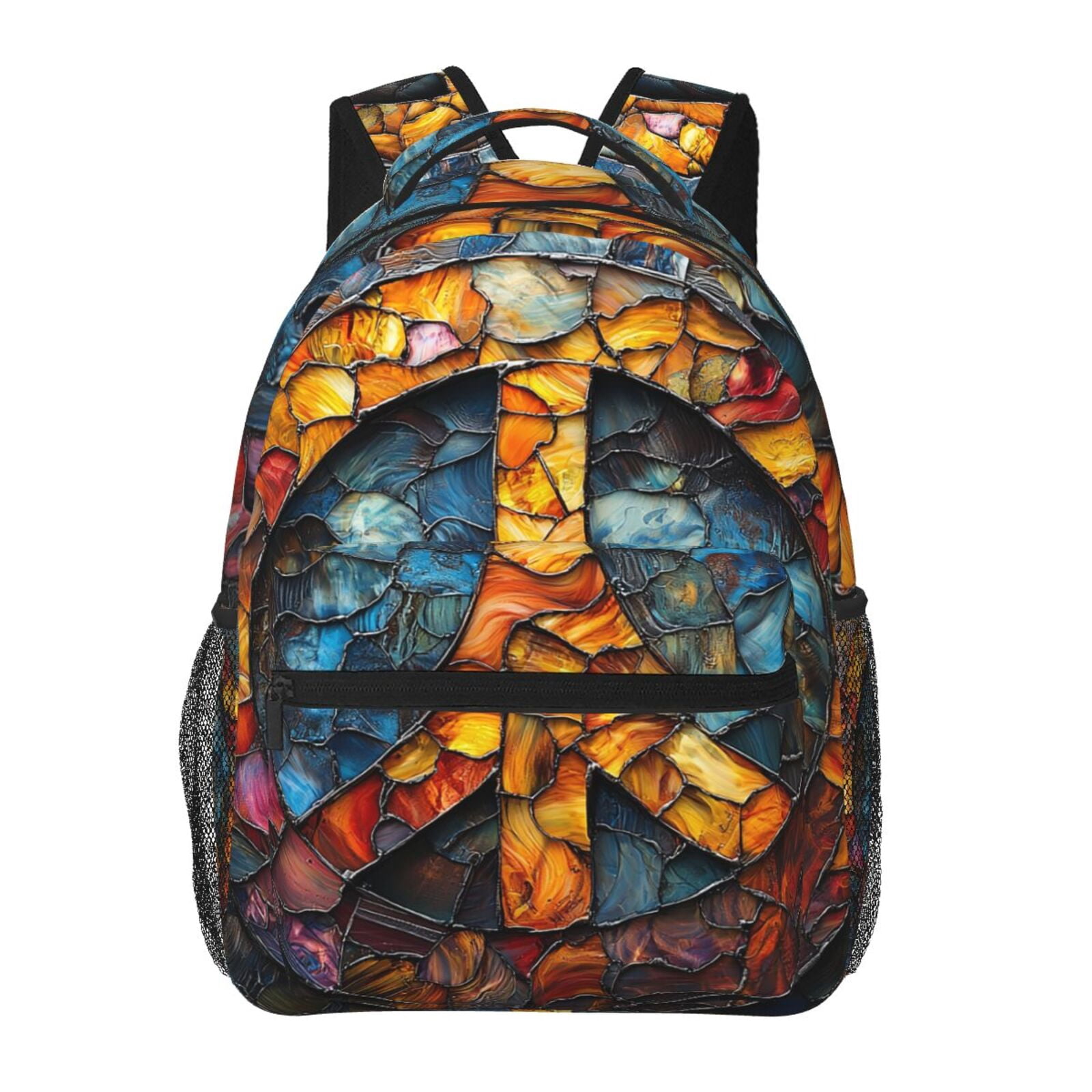 Peace Sign Stained Glass Art Backpack Casual College Bag Zipper Laptop ...