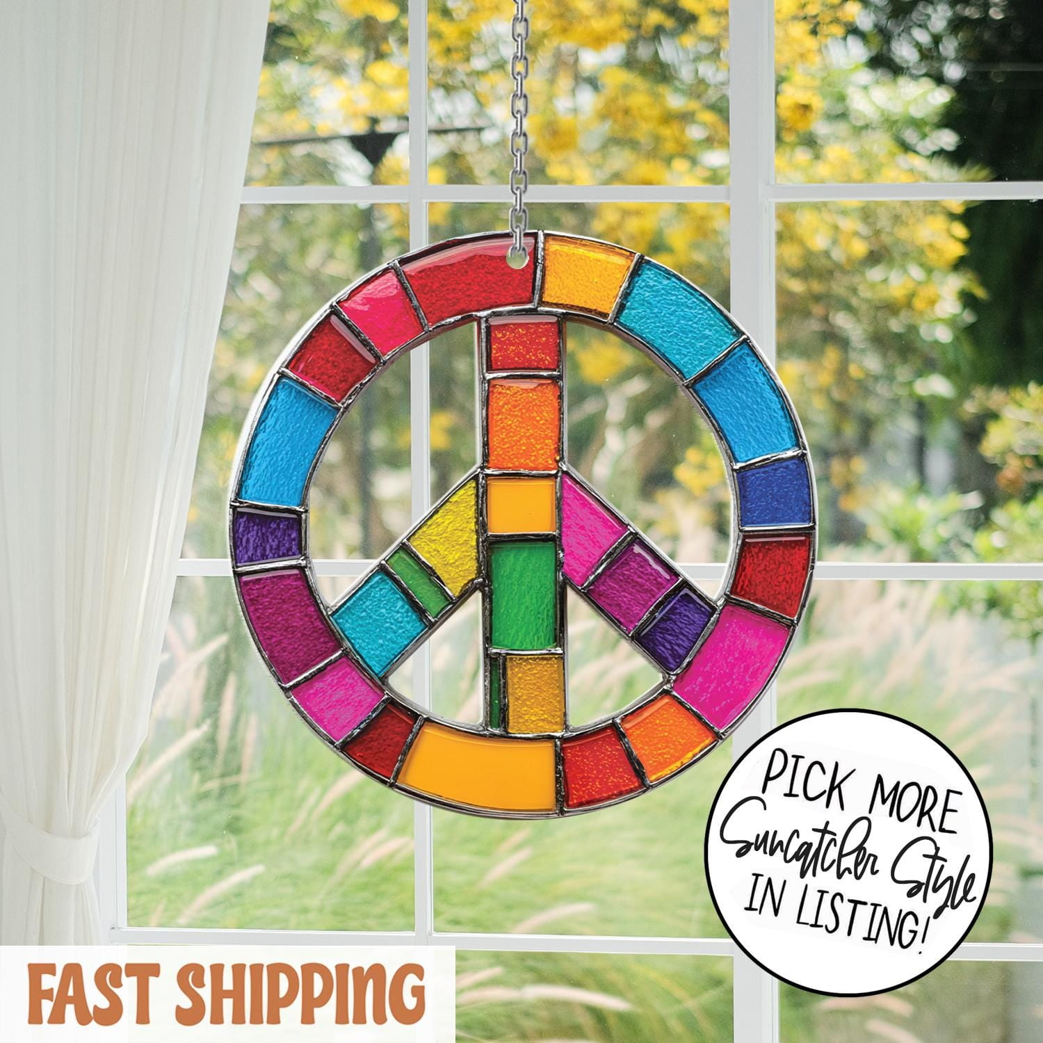 Peace Sign Stained Glass Suncatcher, Hippie Car Charm Ornament, Groovy ...