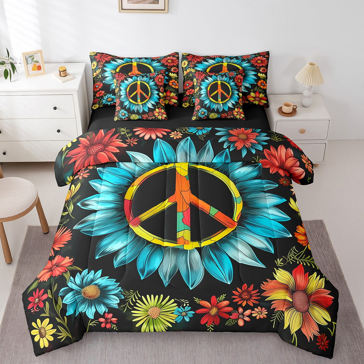Peace Sign Sunflower 7Pcs Comforter Set Twin,Daisy Floral Bedding Set ...