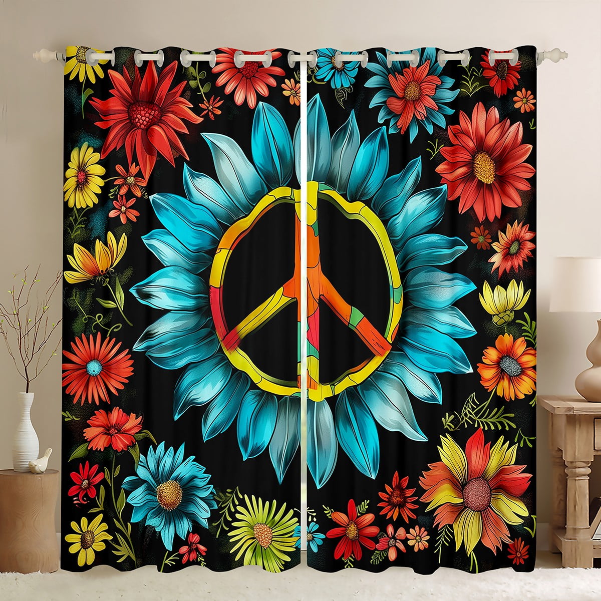 Peace Sign Sunflower Window Curtain,Daisy Floral Curtains for Kids ...