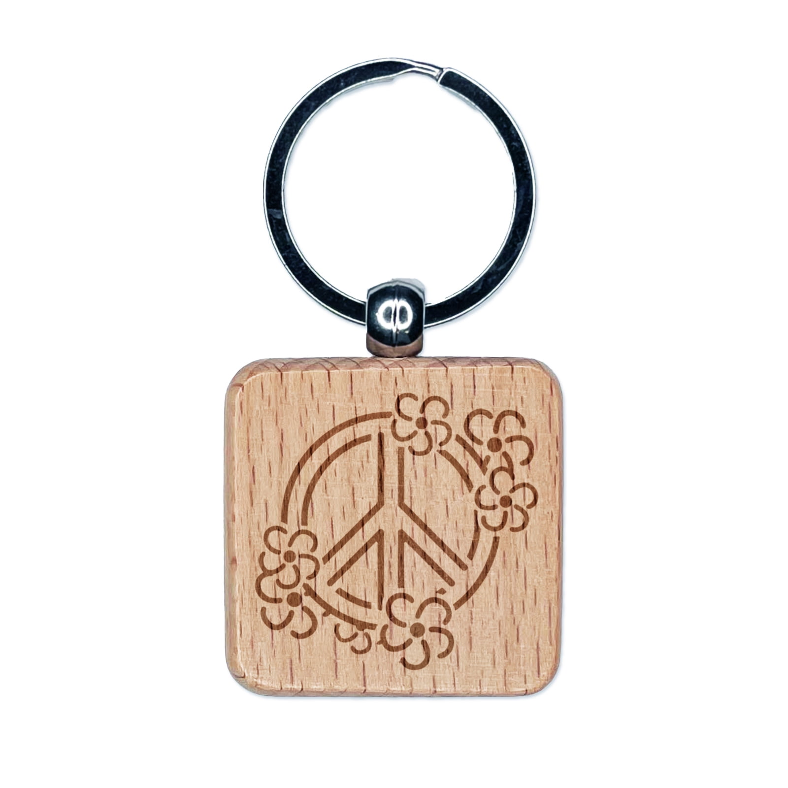 Peace Sign Surrounded by Flowers Square Keychain Charm Tag - Engraved ...