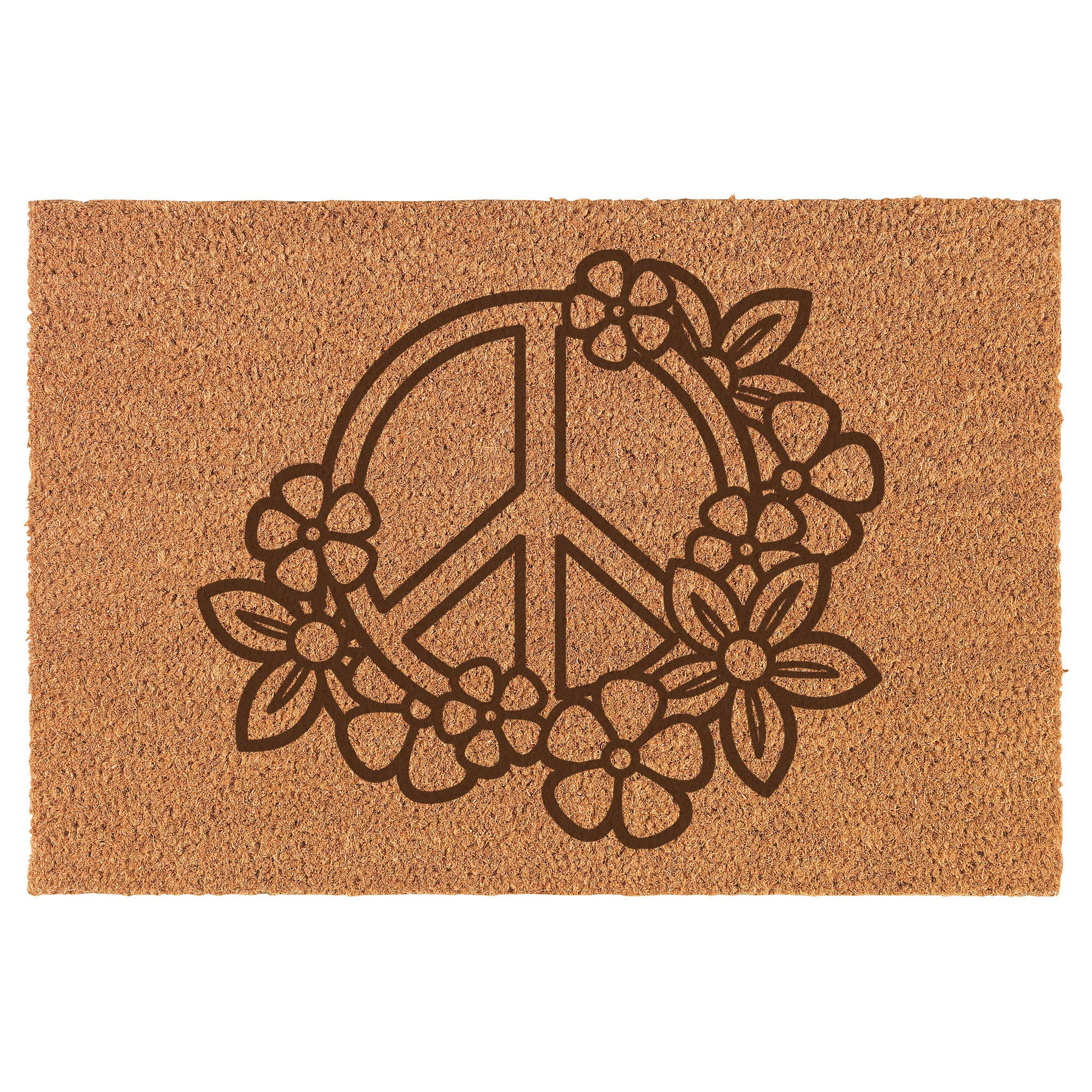 Peace Sign with Flowers Doormat Brown Natural Coir Rectangular Front ...
