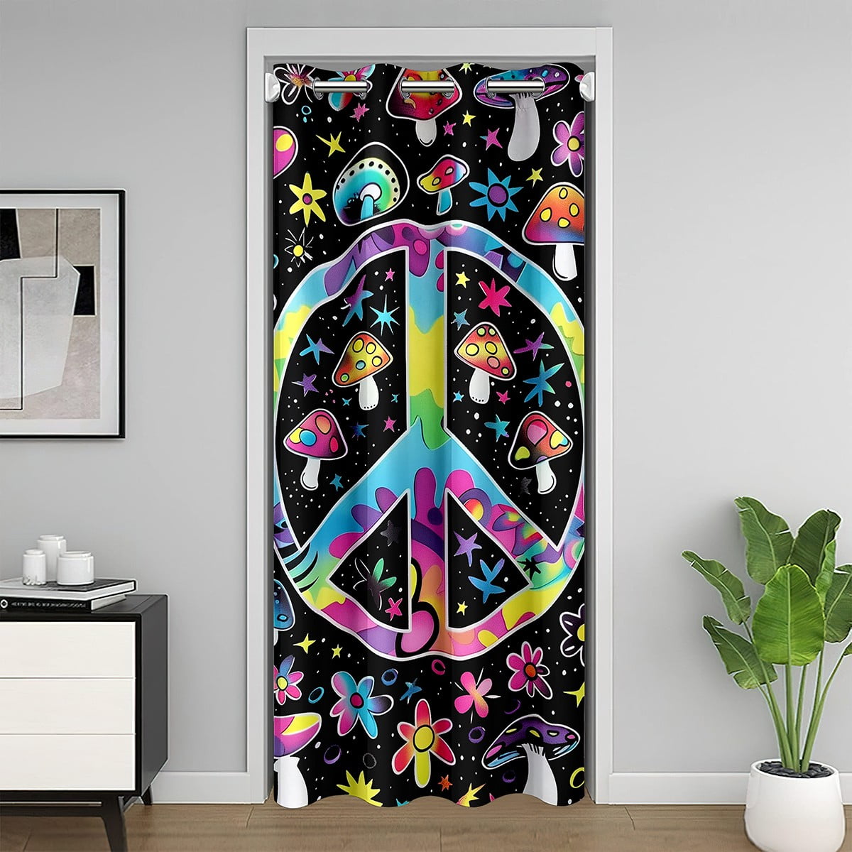 Peace Symbol 52"W X 84"L Blackout Curtain,Rainbow Mushroom Flowers Door ...