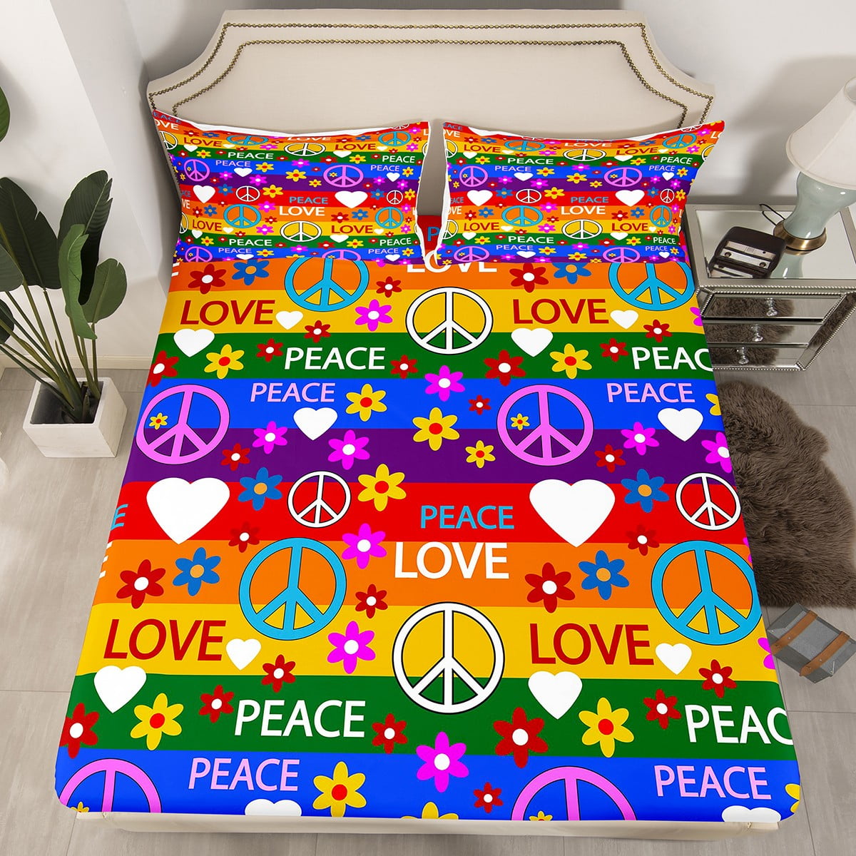 Peace Symbol Bed Sheets Rainbow Flowers Fitted Sheet Queen for Boys ...