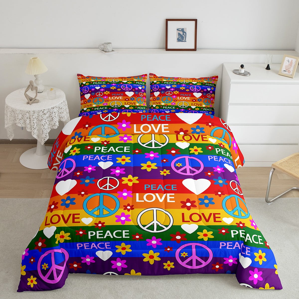 Peace Symbol Bedding Set Rainbow Flowers Comforter Set King ,Watercolor ...