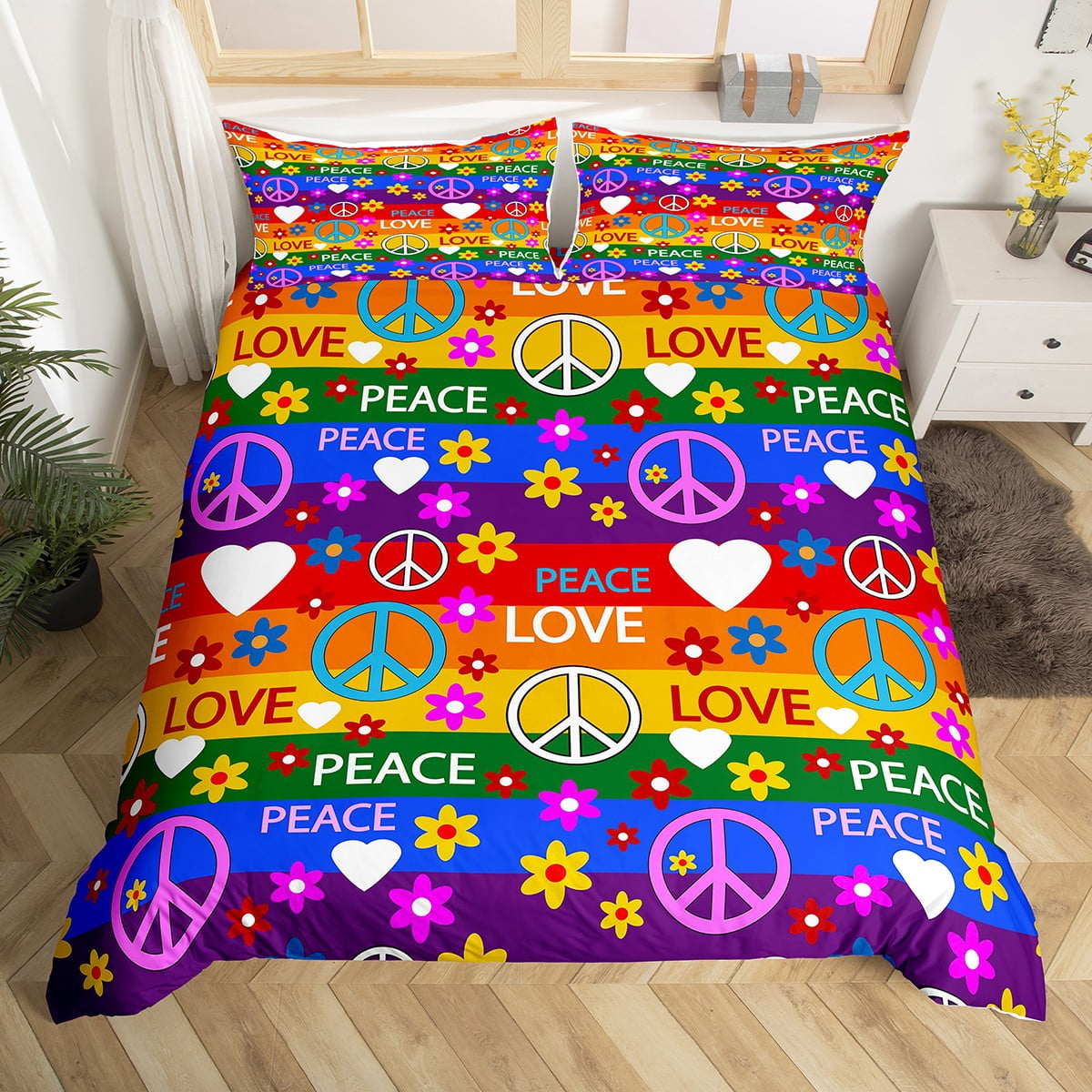 Peace Symbol Bedding Set Rainbow Flowers Duvet Cover Twin,Watercolor ...