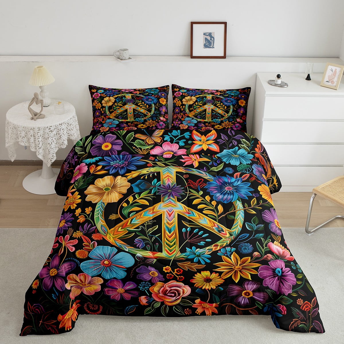 Peace Symbol Comforter Set Full,Colorful Hippie Floral Bedding Set,Boho ...