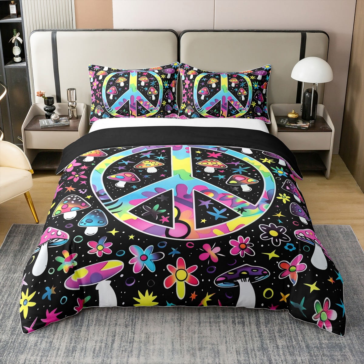 Peace Symbol Full Comforter Cover,Rainbow Mushroom Flowers Bedding Set ...