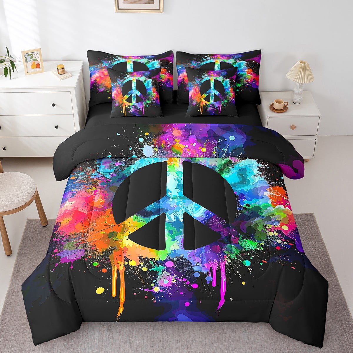 Peace Symbol Queen Comforter Set,7 Pieces Soft Microfiber Rainbow Tie ...