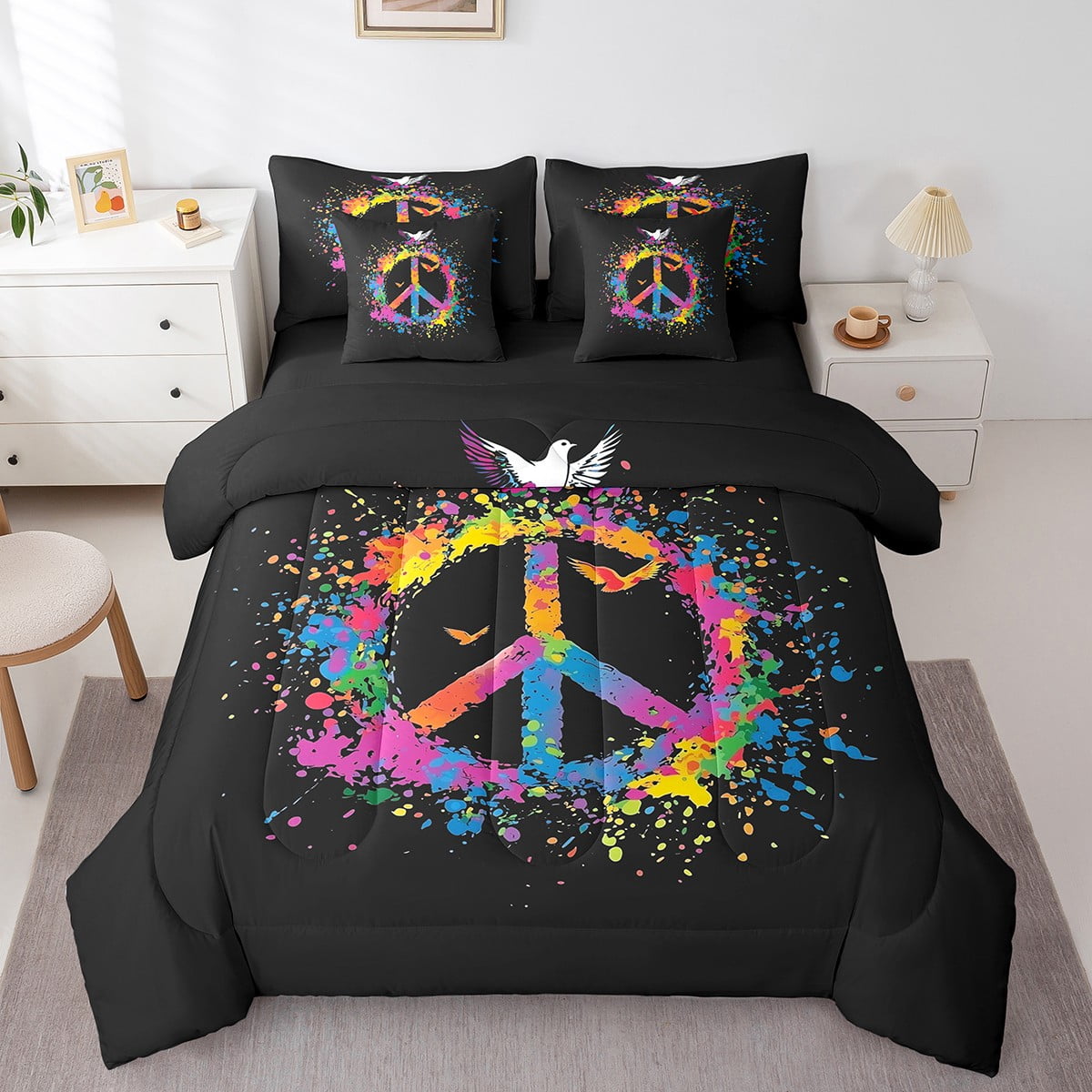 Peace Symbol Twin Comforter Set Watercolor Tie Dye 7 Pieces Bedding Set ...