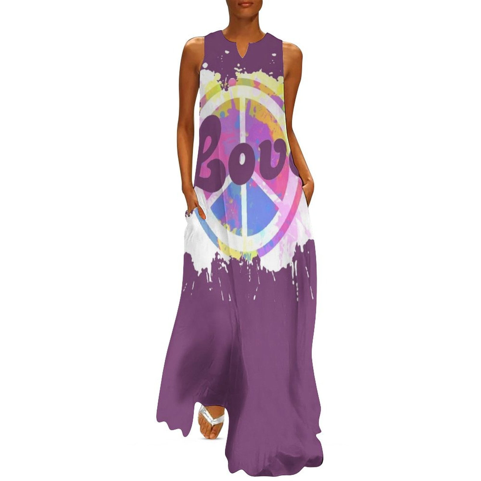 Peace and Love Retro Hippy Paint splash Long Dress women's luxury party ...