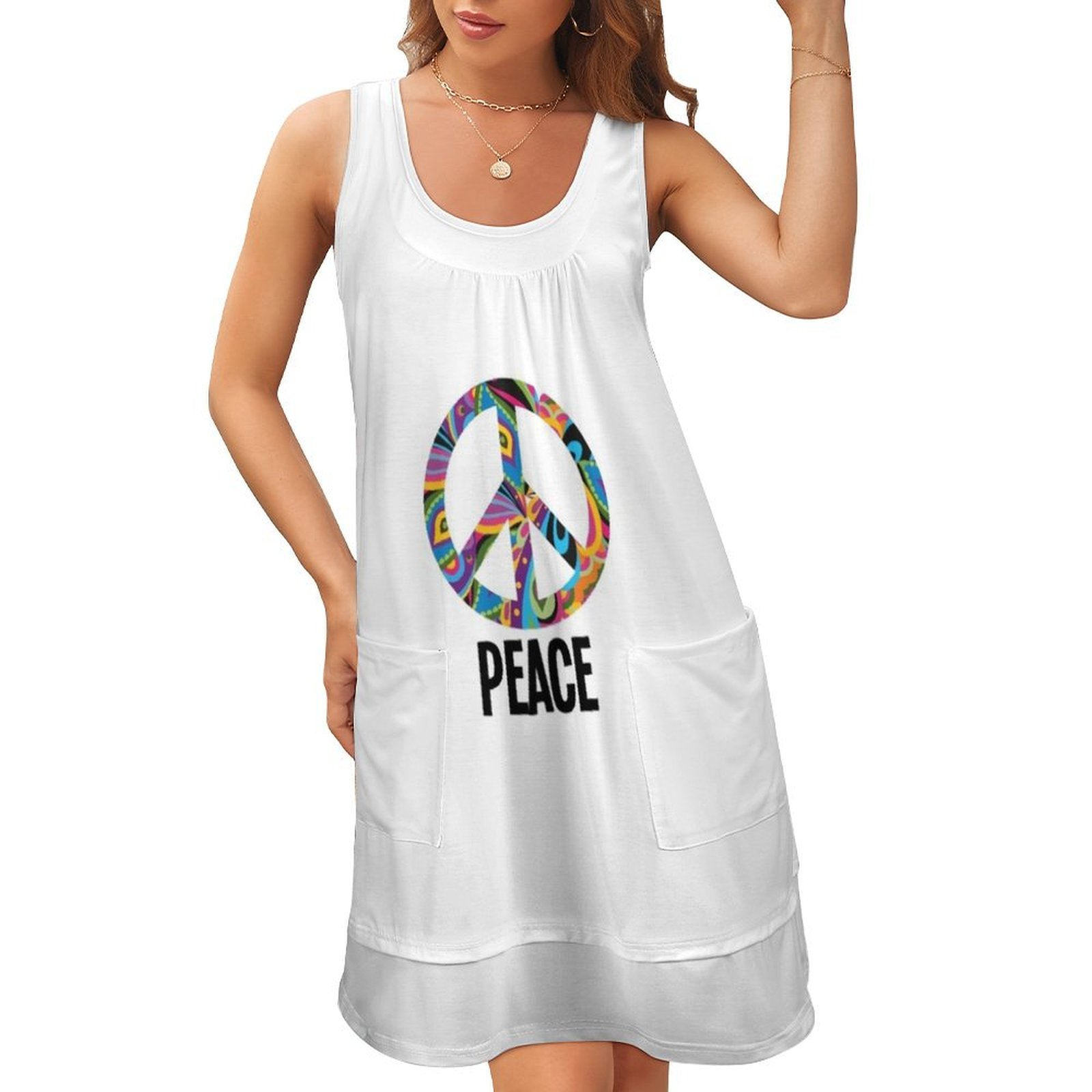 Peace sign design Sleeveless U-Neck Fake Two Piece Dress chic and ...