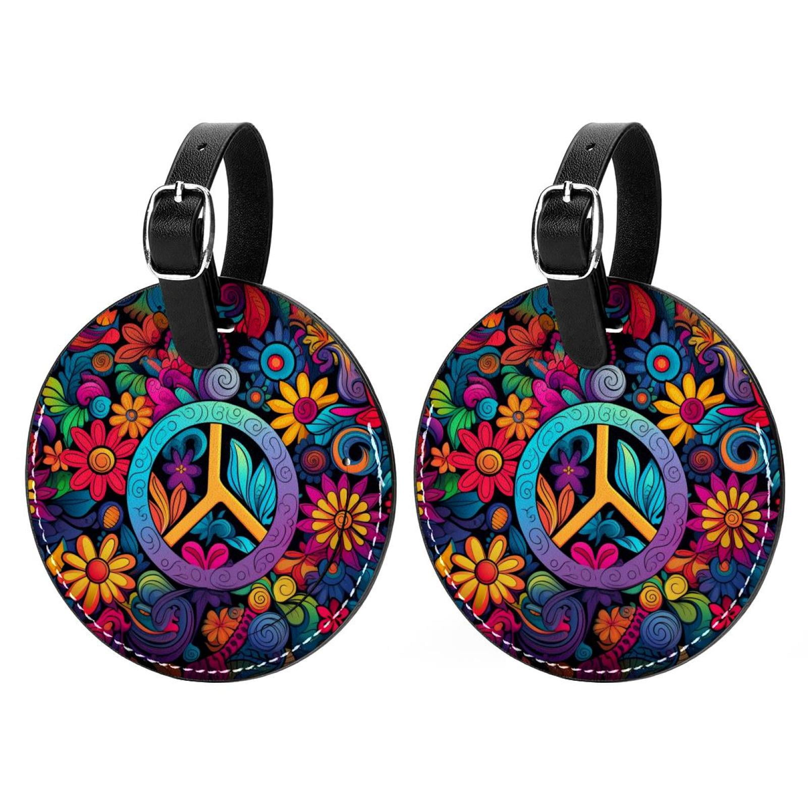 Peace symbol 2Pcs PU Leather Round Luggage Tags with Privacy Cover and ...