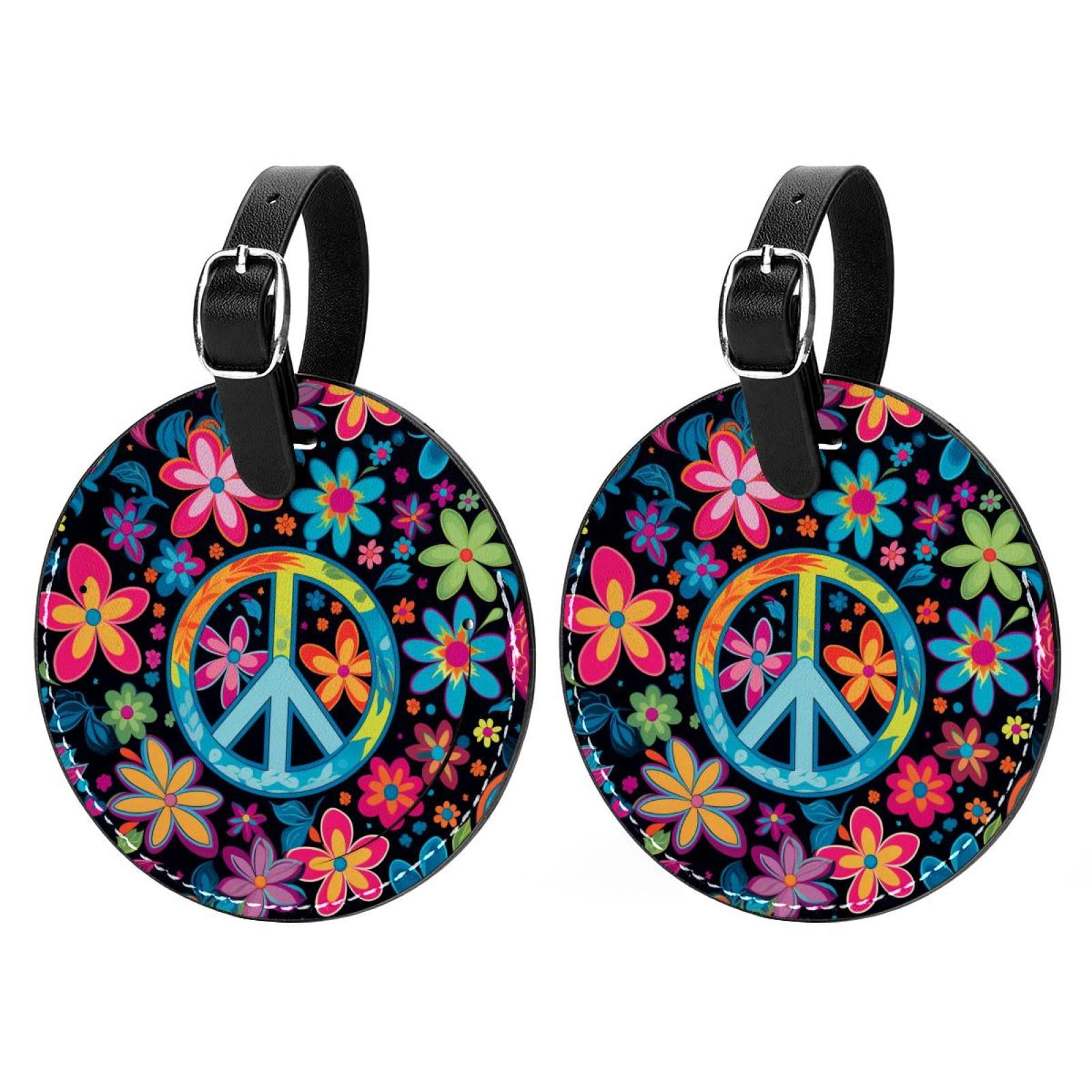 Peace symbol 2Pcs PU Leather Round Luggage Tags with Privacy Cover and ...