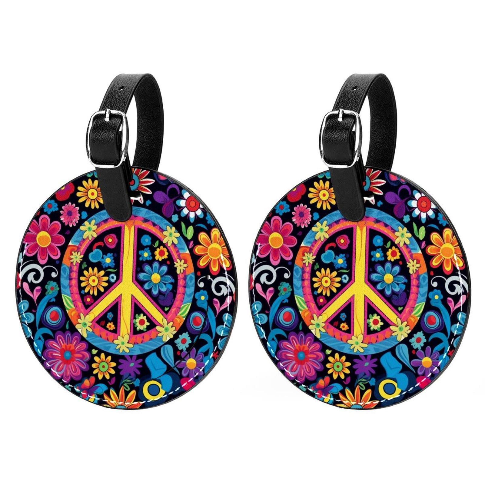 Peace symbol 2pcs PU Leather Round Bag Tags with Privacy Cover and Name ...