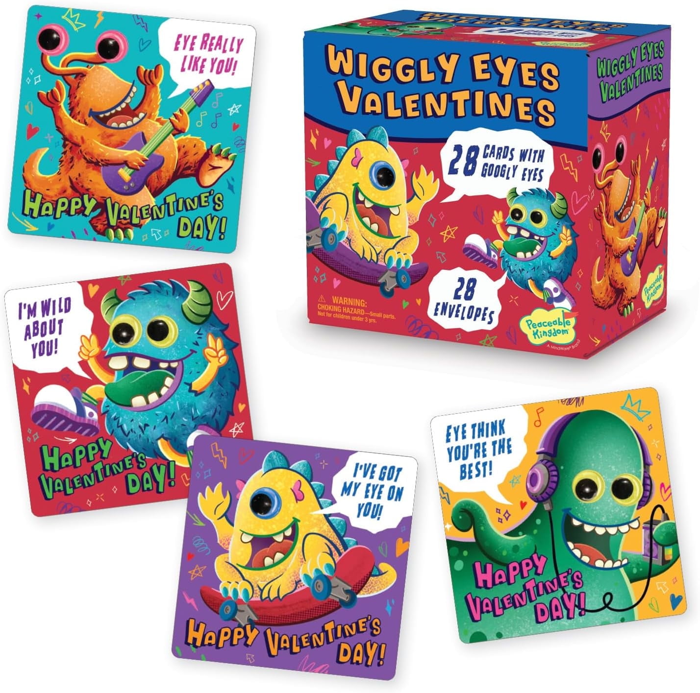 Peaceable Kingdom Wiggly Eyes Valentines – 28 Monster Cards with Googly ...