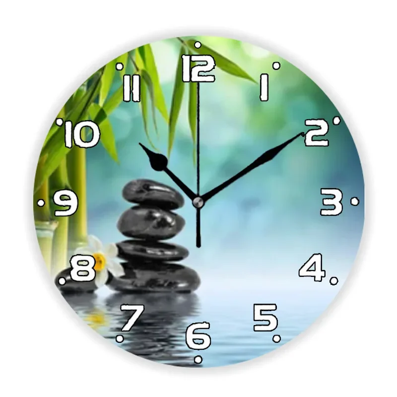 Peaceful Bamboo Stacked Zen Stones and Orchid Flower Wall Clock for Spa ...