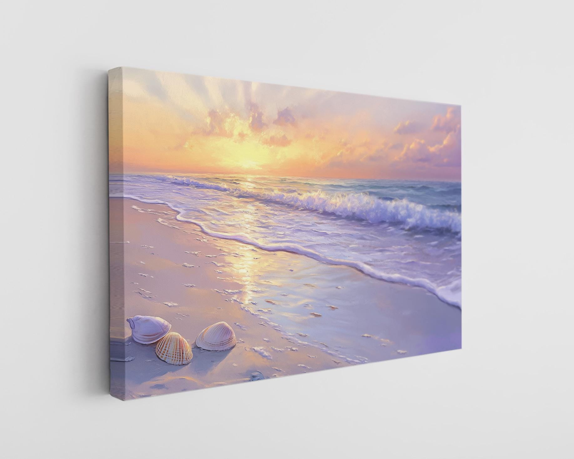 Peaceful Beach Sunrise Canvas Print - Ocean Waves & Seashells - High ...