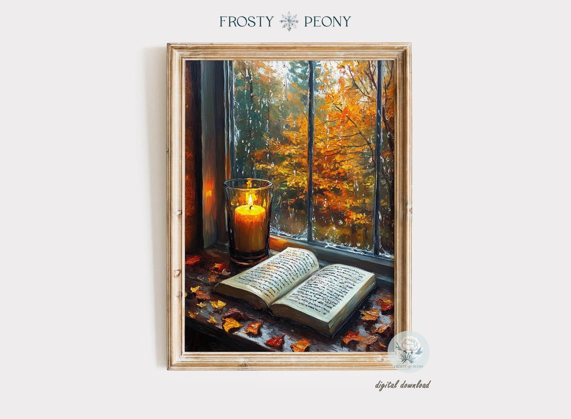 Peaceful Fall Candlelit Window Scenery Art Print, Autumn Rain Window ...