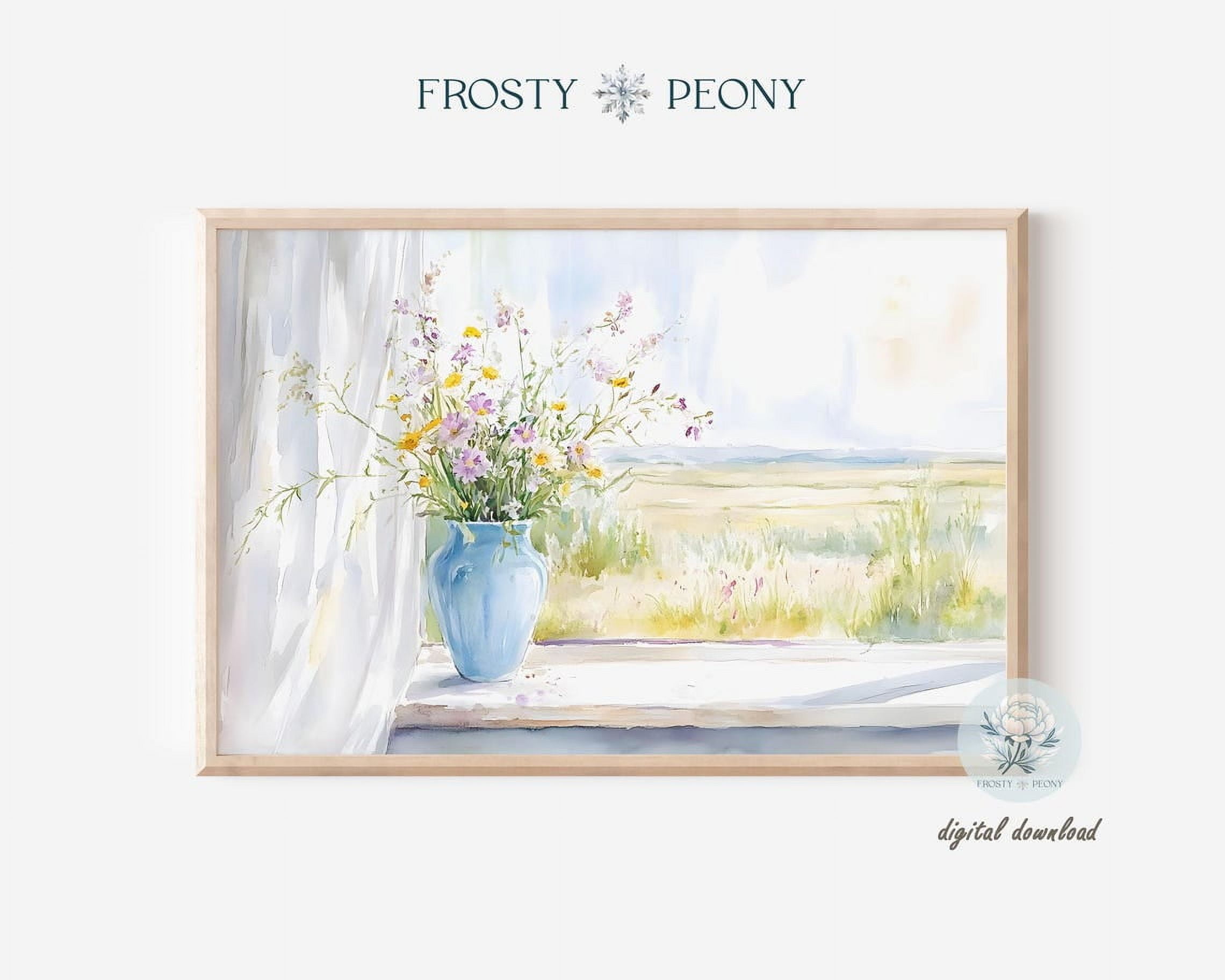 Peaceful Farmhouse Window View Art Print, Countryside Floral Landscape ...