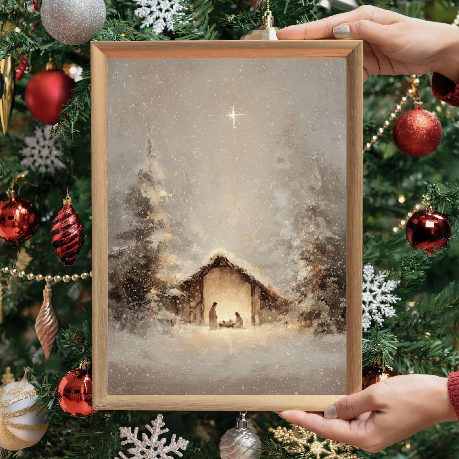 Peaceful Nativity Scene in Snow Print, Holy Family Manger Painting ...
