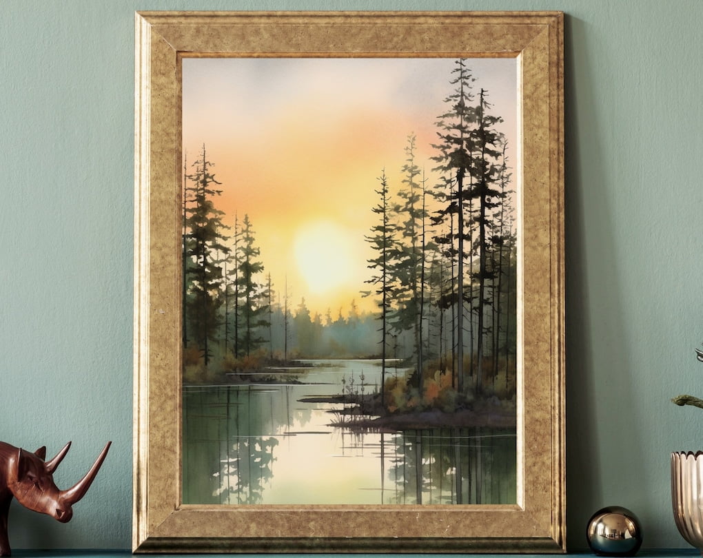 Peaceful Pine Forest Art Print, Twilight Lake Reflection Ink Painting, Earthy Color Palette ...