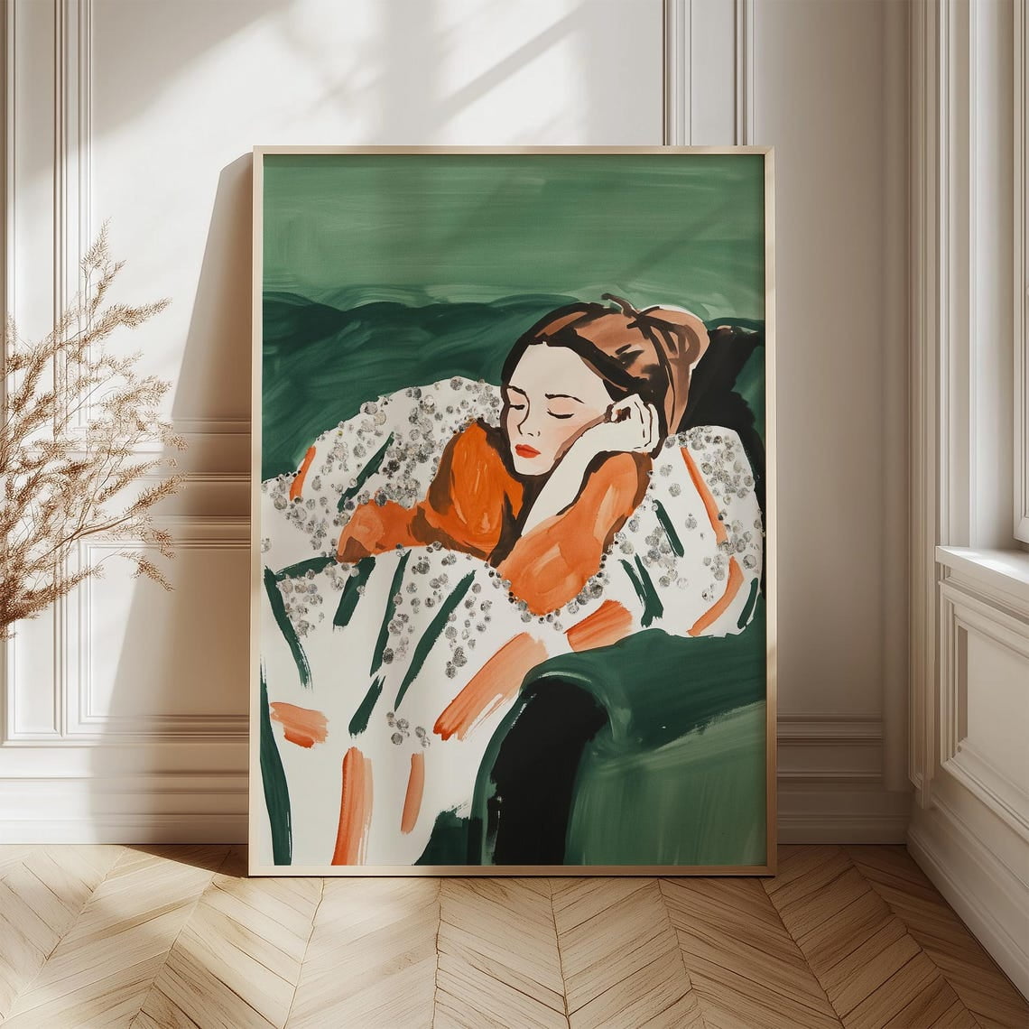 Peaceful Rest Painting With Glitter Details - Modern Art Print In Green ...