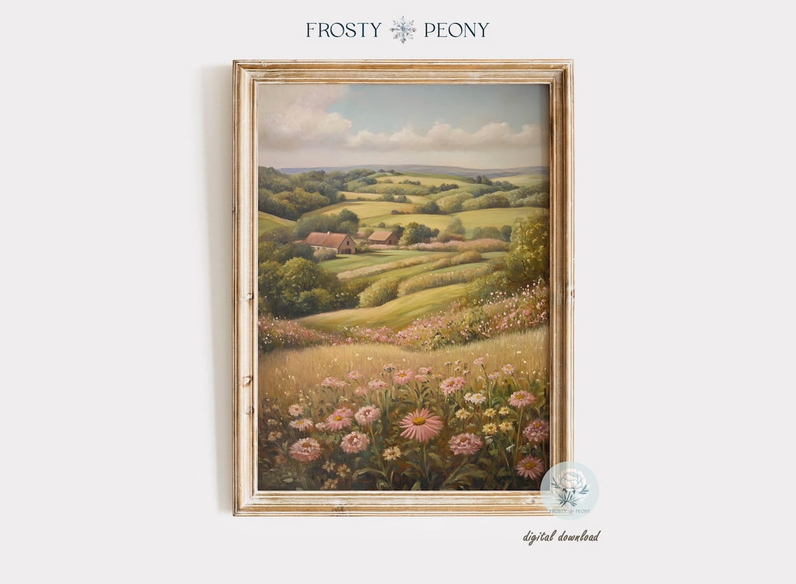 Peaceful Spring Wildflower Meadow Art Print, Countryside Cottage ...