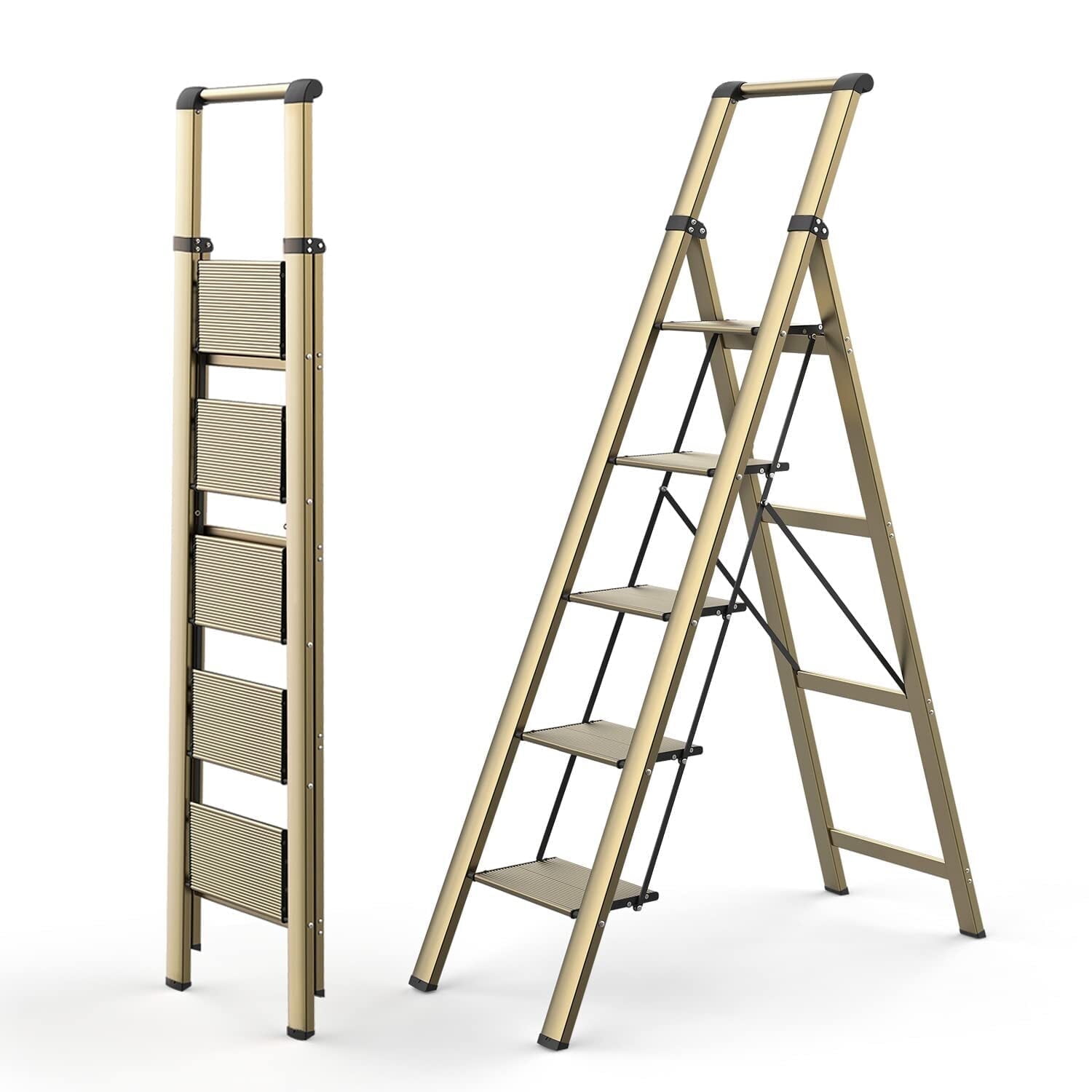 5 Step Ladder, folding aluminum, with wide pedal, portable lightweight ...
