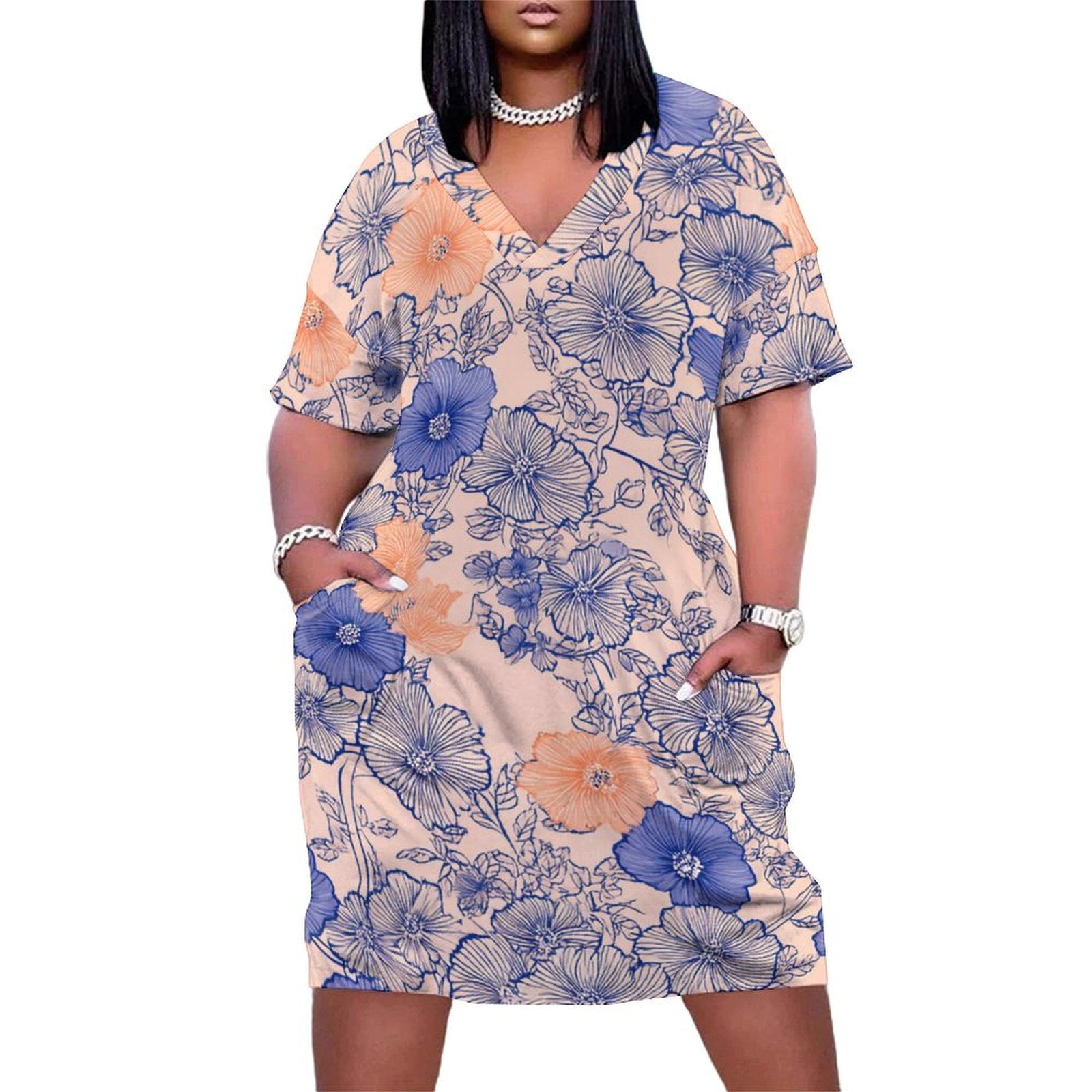 Peach Background Blue Orange Floral Print Summer Dresses for Women ...
