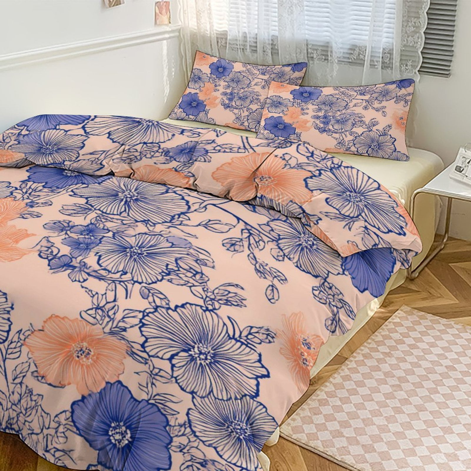 Peach Background Blue Orange Flowers Pattern Bedding Sets Twin Duvet ...