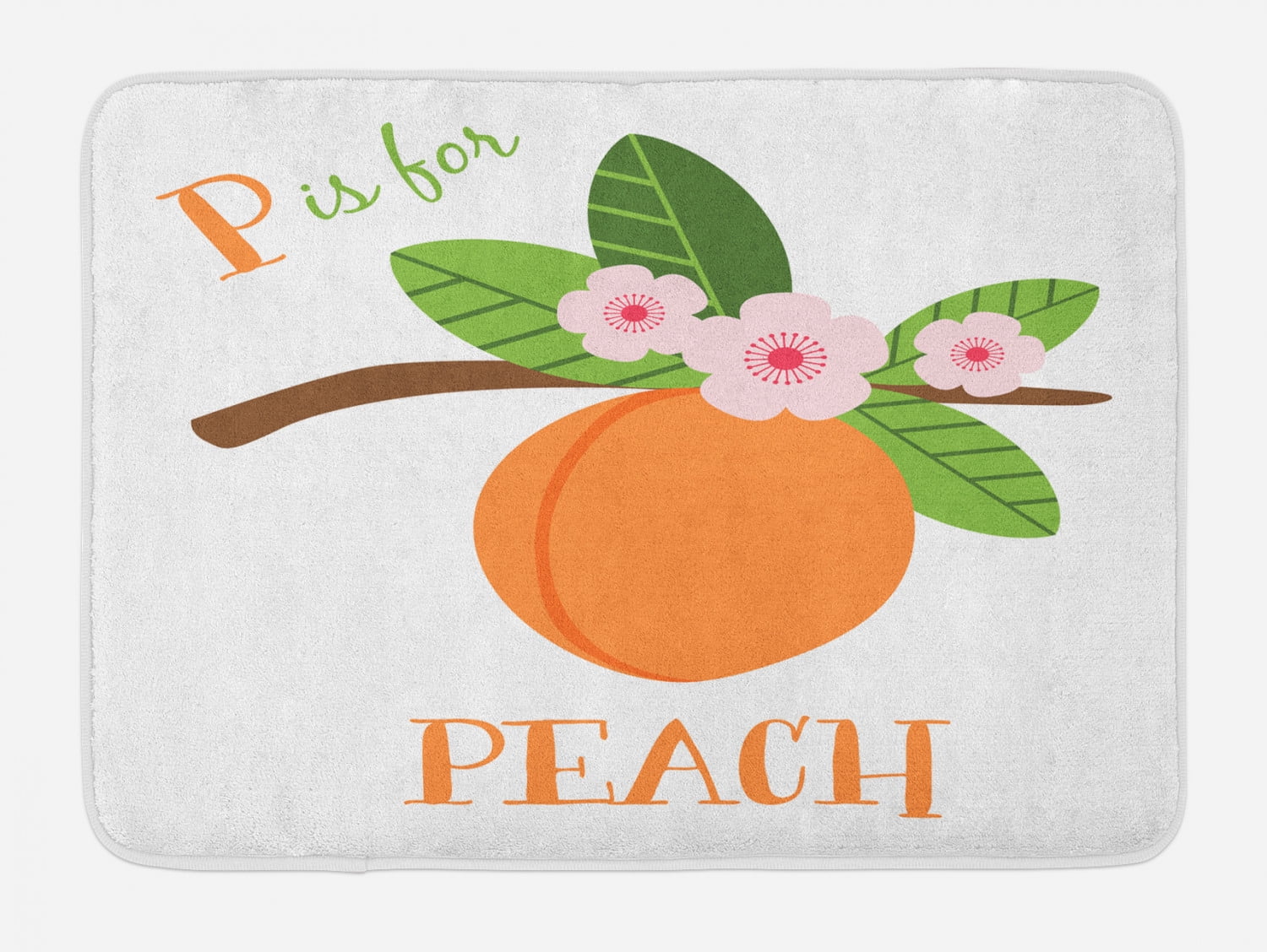 Peach Bath Mat, Alphabet Learning Themed Cartoon with P is for Peach Text and Fruit, Plush ...