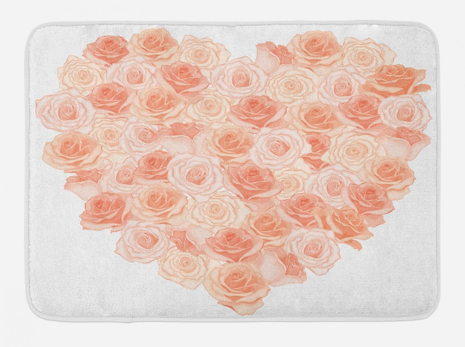 Peach Bath Mat, Valentines Day Inspired Heart Shaped Blooming Roses ...