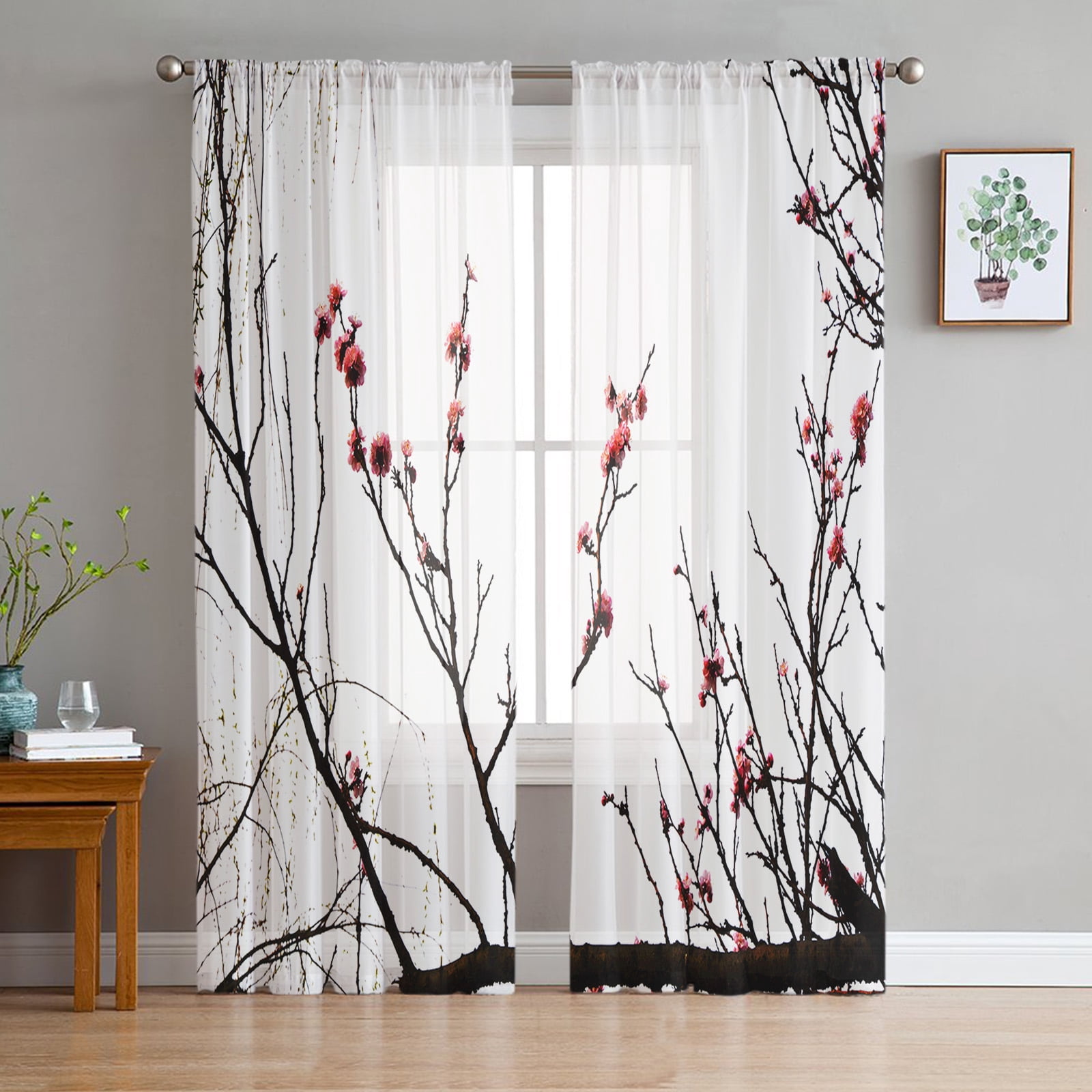 Peach Blossom Branch Window Curtains Bedroom Modern Drape Sheer Tulle ...