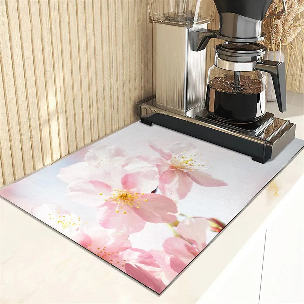 Peach Blossom Print Coffee Machine Drain Mat Cottage Kitchen Countertop ...