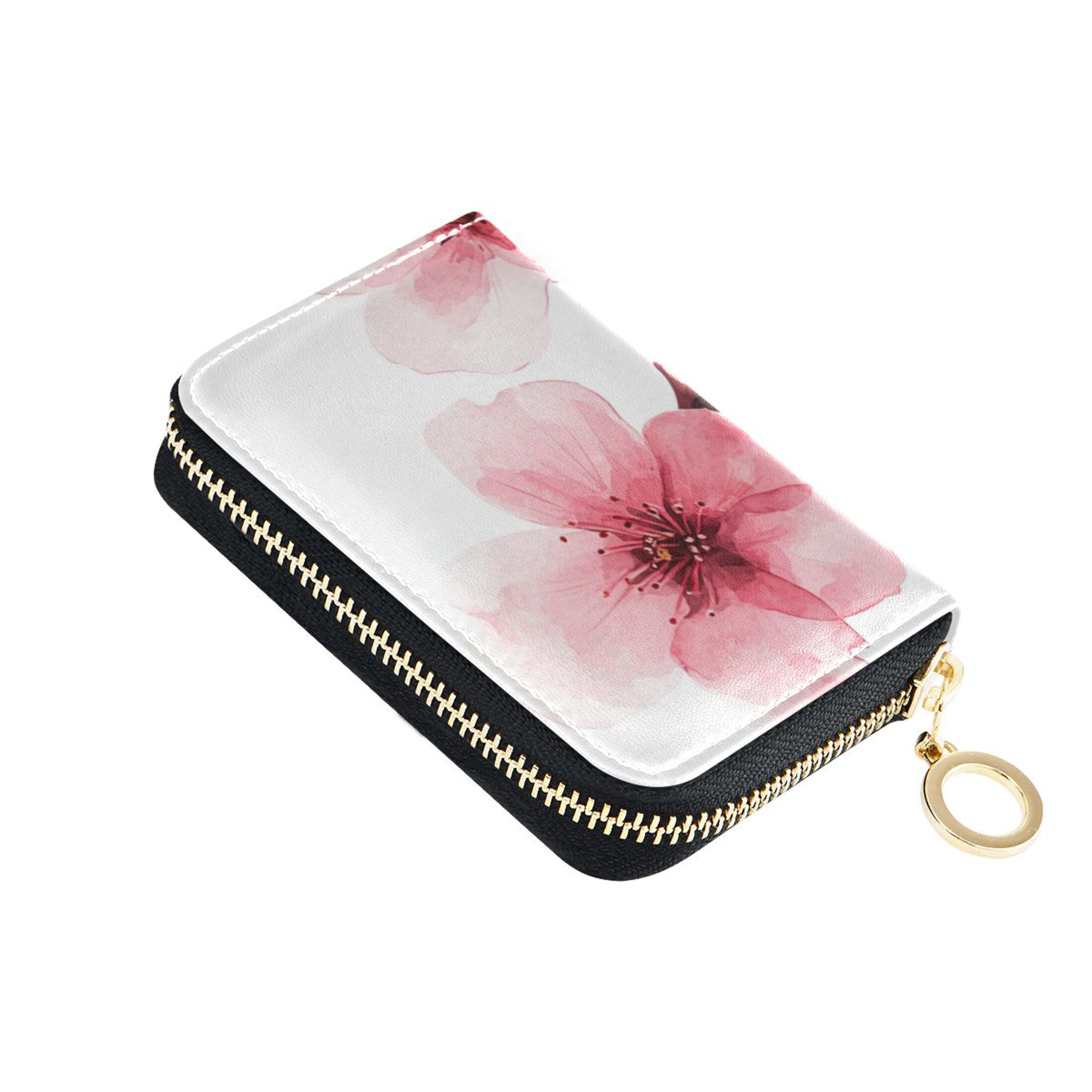 Peach Blossom Watercolor Women's Credit Card Holder PU Leather Zipper ...