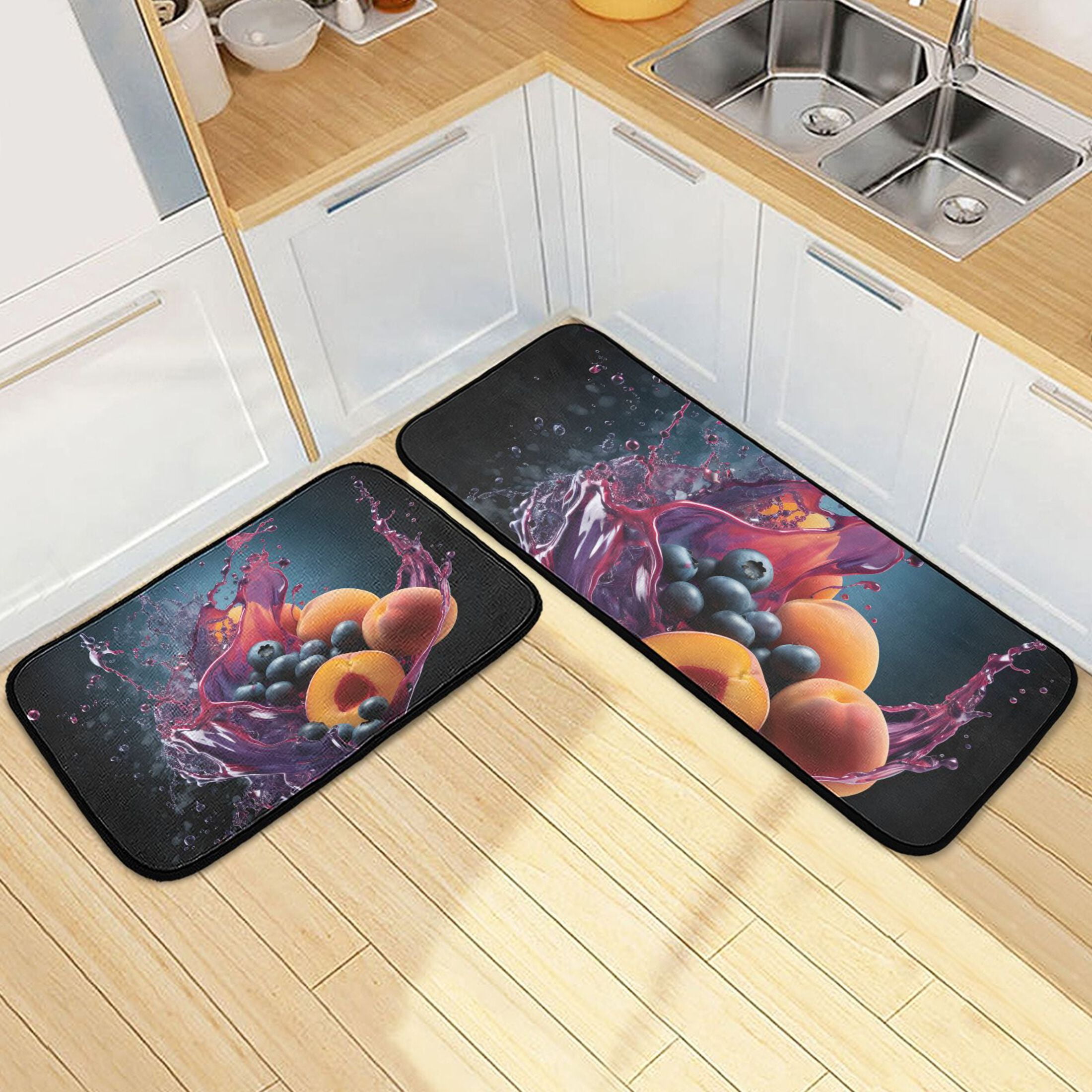 Peach Blueberry Fruits Kitchen Rugs Set of 2 Non Slip Floor Foam Mat ...
