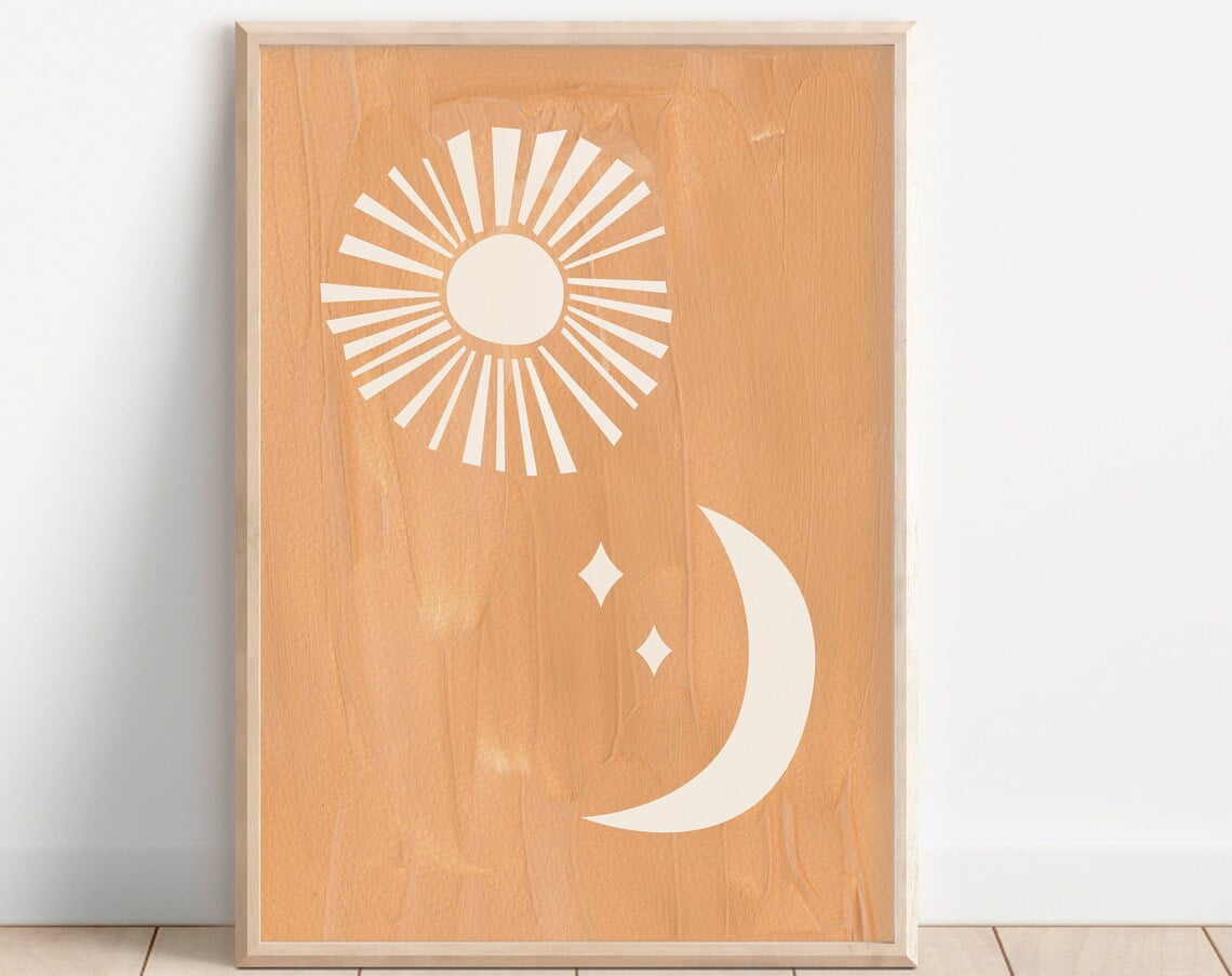Peach Boho Sun And Moon Print - Textured Print, Bohemian Bedroom Poster ...