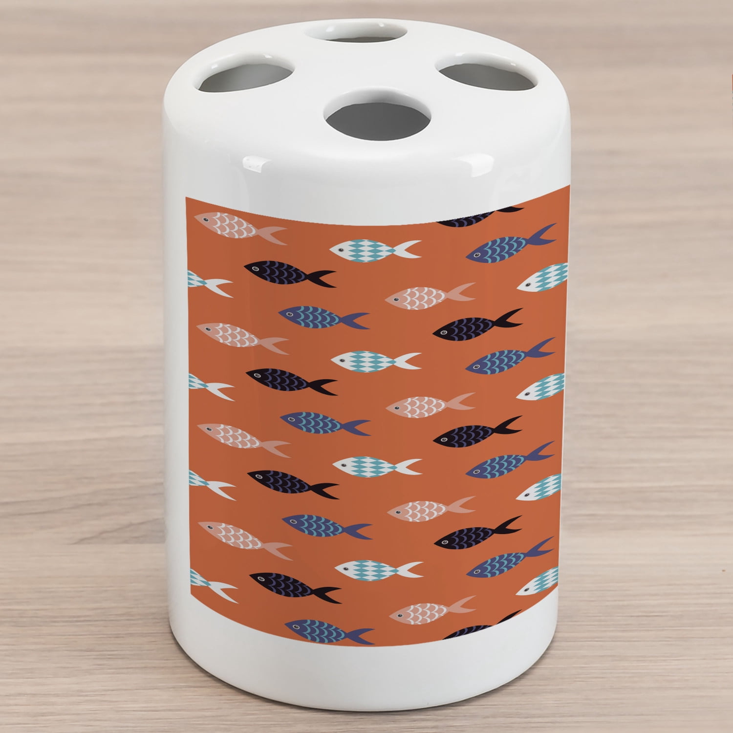 Peach Ceramic Toothbrush Holder, Fishes Motif Nautical Marine Sea ...