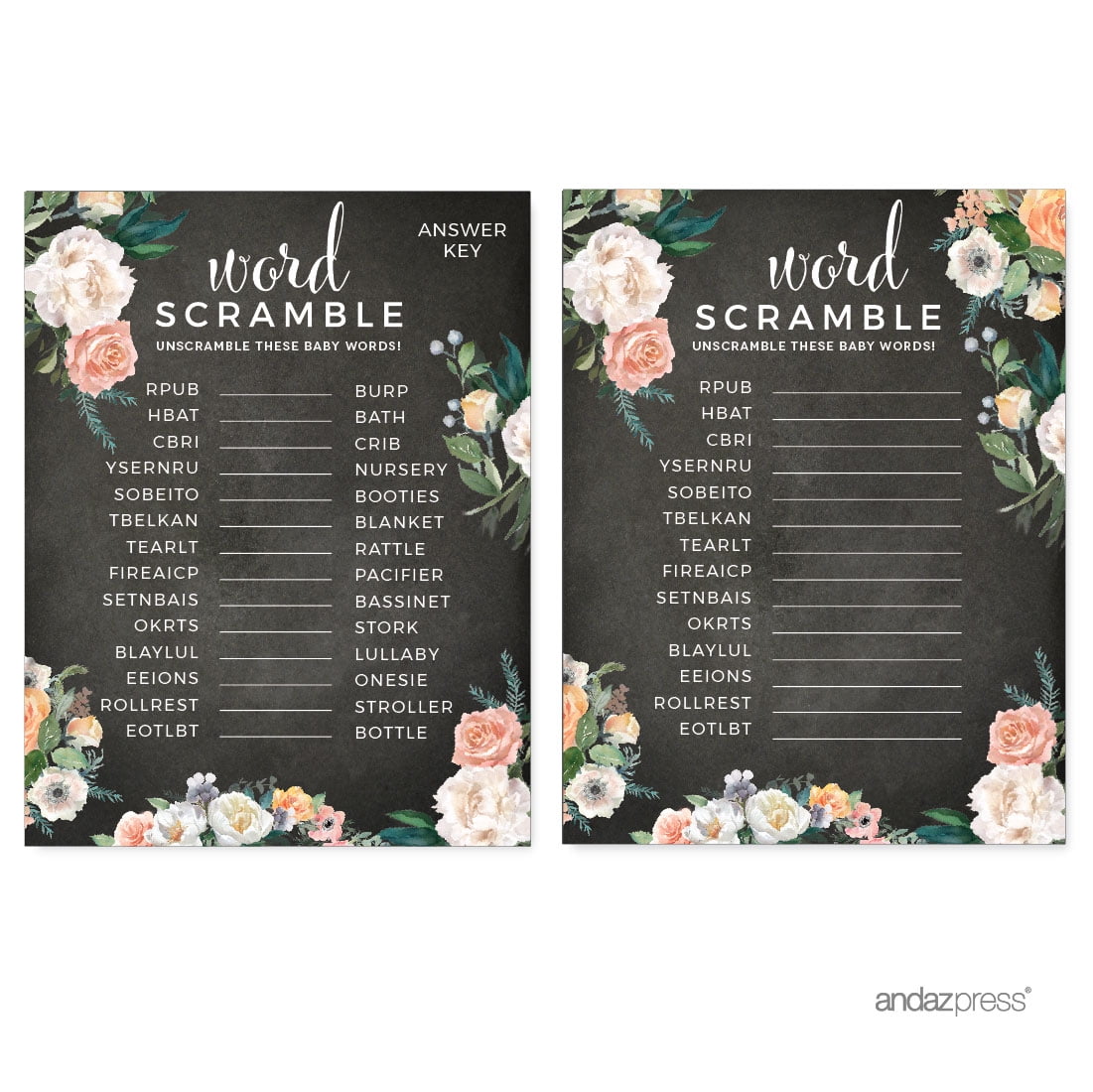 Peach Chalkboard Floral Garden, Word Scramble Game Cards, 20-Pack ...