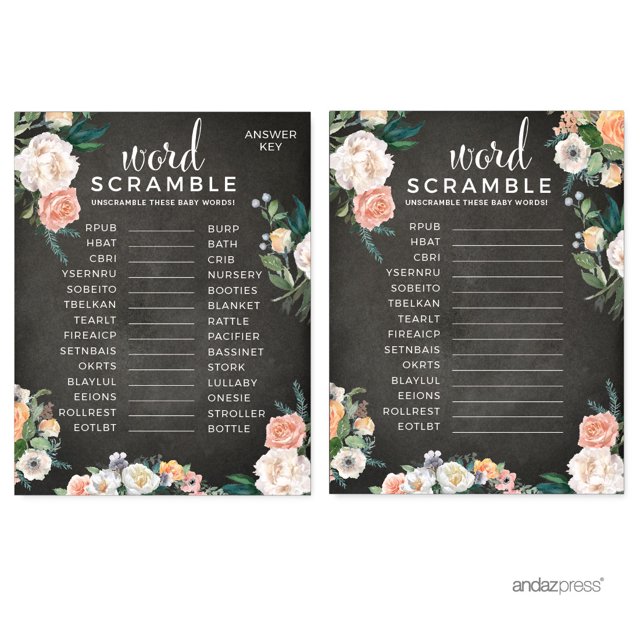 Peach Chalkboard Floral Garden, Word Scramble Game Cards, 20-Pack ...