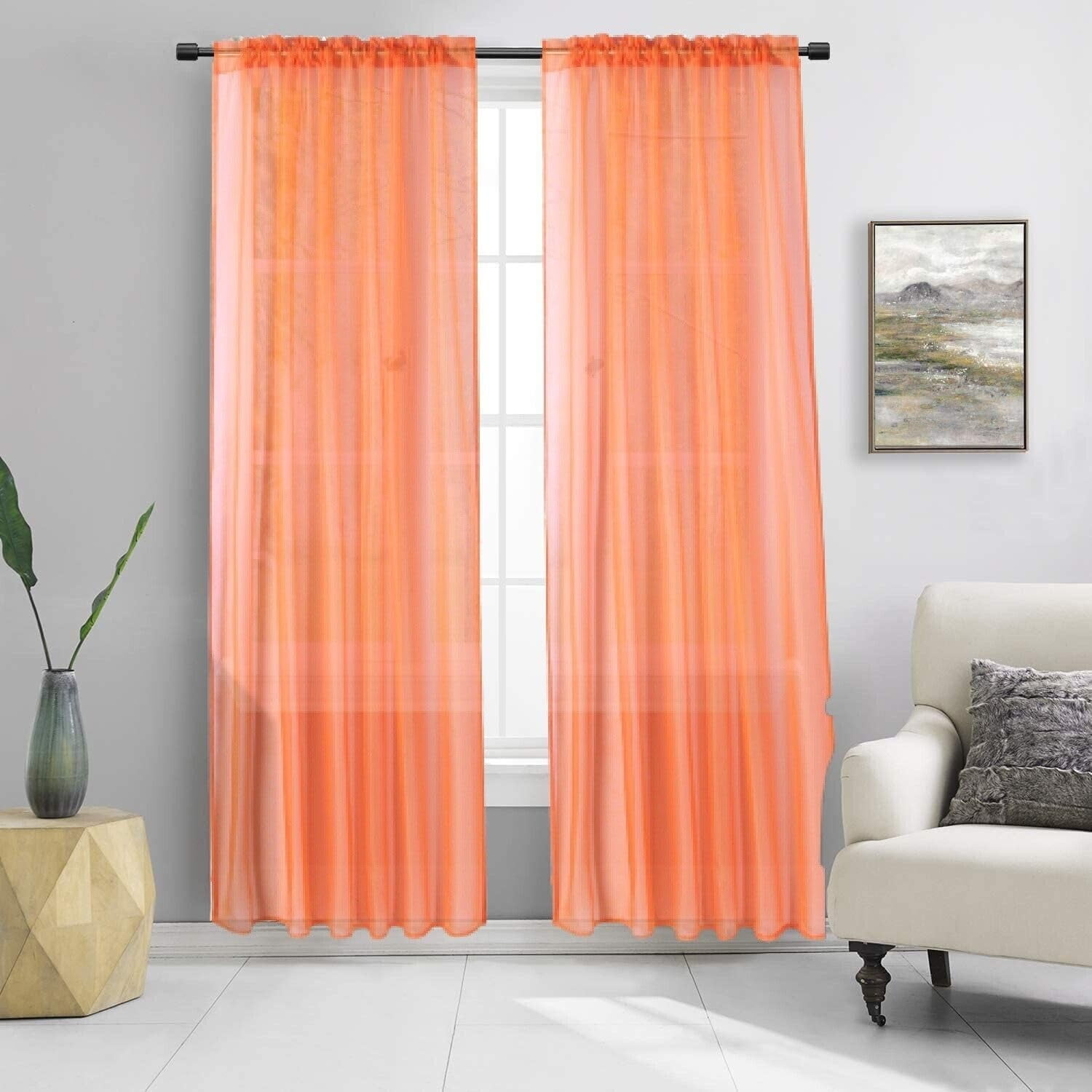 Peach Color Sheer Curtains 2 Panels,Livingroom Window Treatment Rod ...