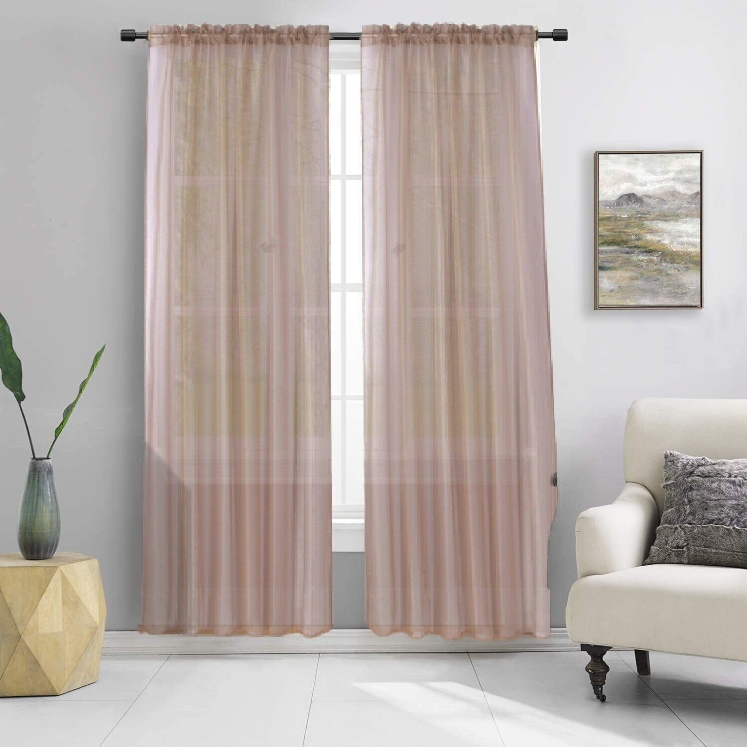 Peach Color Sheer Curtains 2 Panels,Livingroom Window Treatment Rod ...