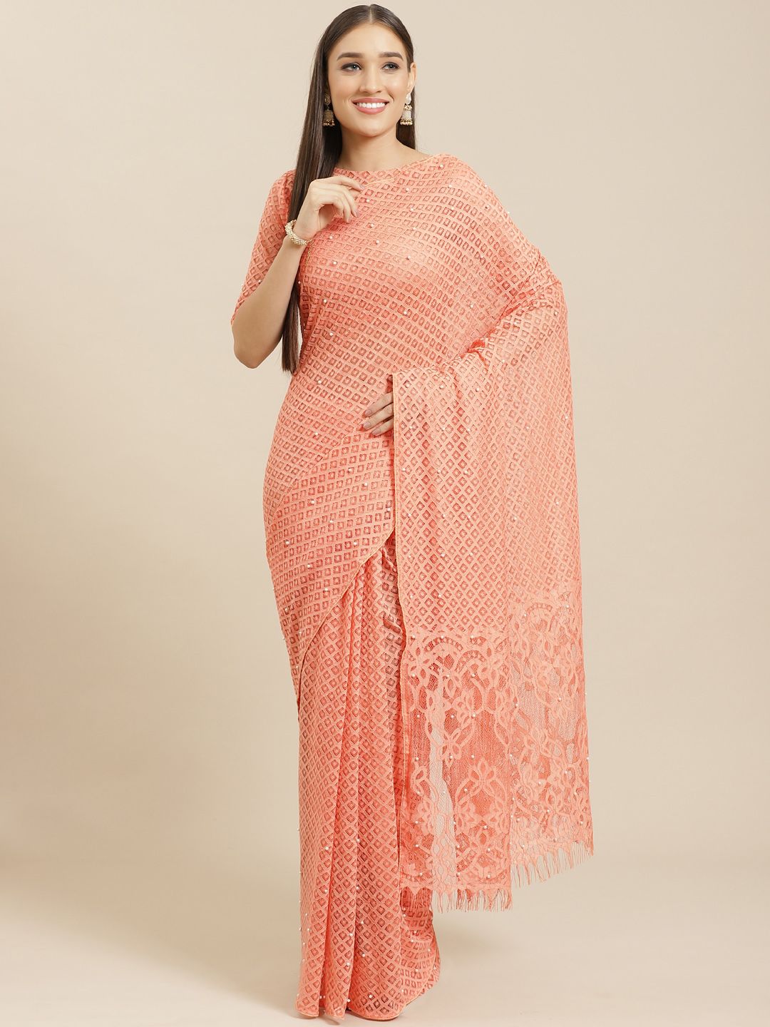 Peach-Coloured Woven Design Supernet Saree - 13463274 - Walmart.com