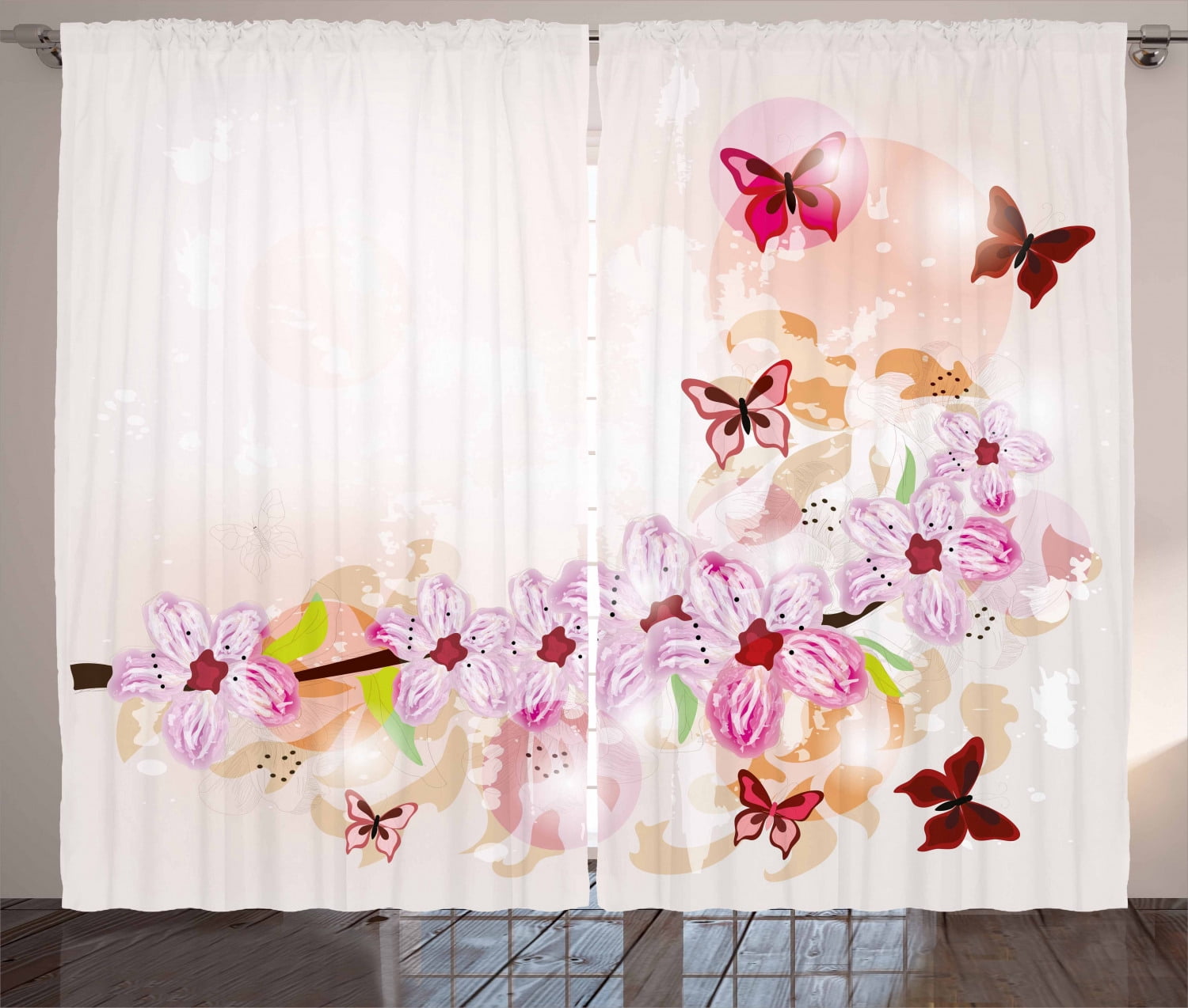Ambesonne Peach Curtains 2 Panel Set, Floral Art Butterflies, 108" x 63 ...