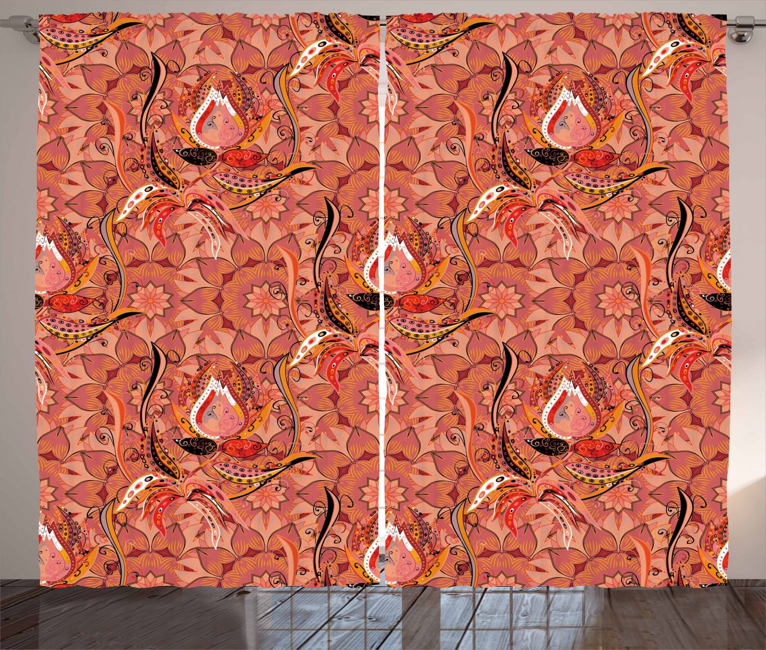 Ambesonne Peach Curtains 2 Panel Set, Floral Vibrant Drawing, 108" x 90 ...