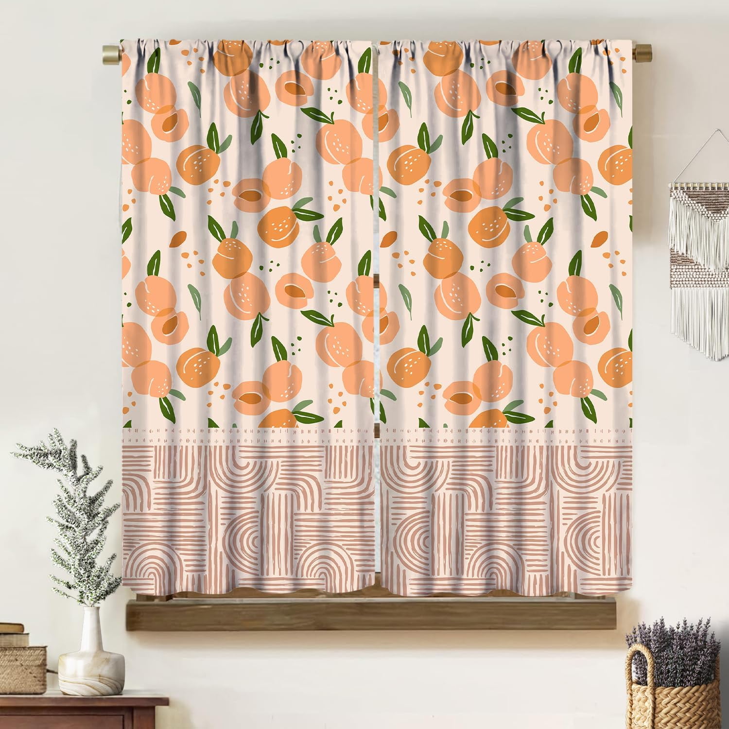 Peach Curtains, Vintage Rustic Bohemian Fresh Pink Orange Fruit Leaves ...